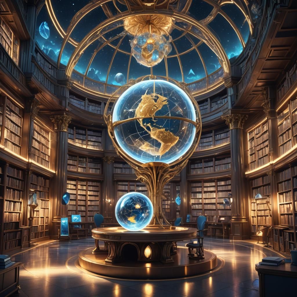 A modern fantasy library and a digital globe - AI Generated Artwork ...