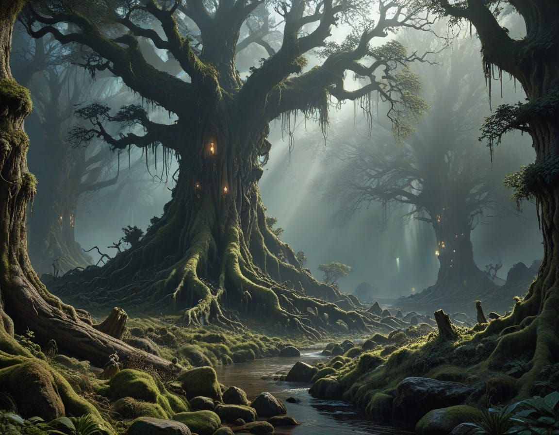 Primordial Forest Depths in Epic Hyperdetailed Sty... - AI Art