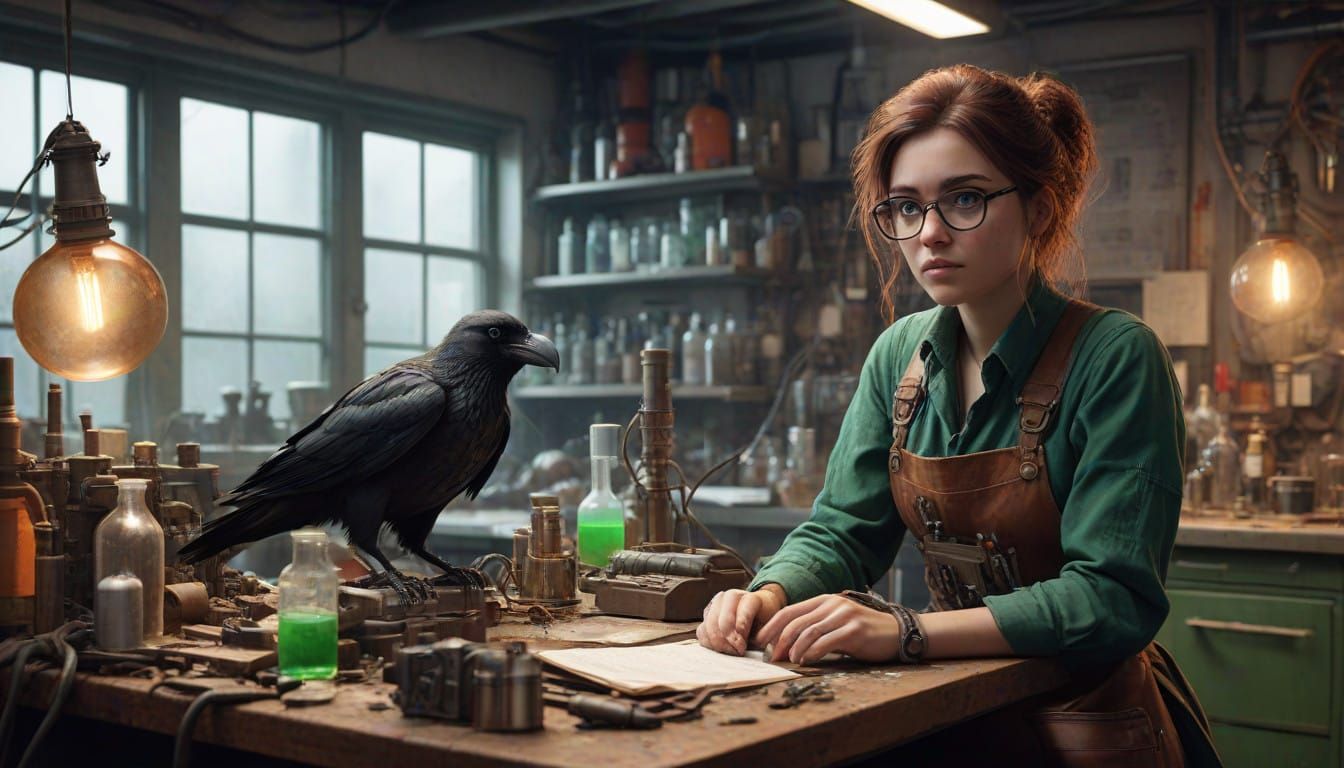 Eccentric Female Scientist in Chaotic Laboratory - AI Art