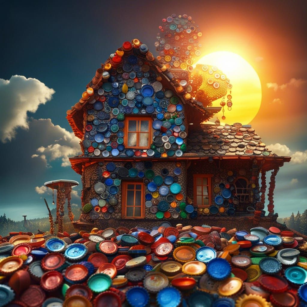 House and sun collage made from plastic bottle caps, Art Made From ...
