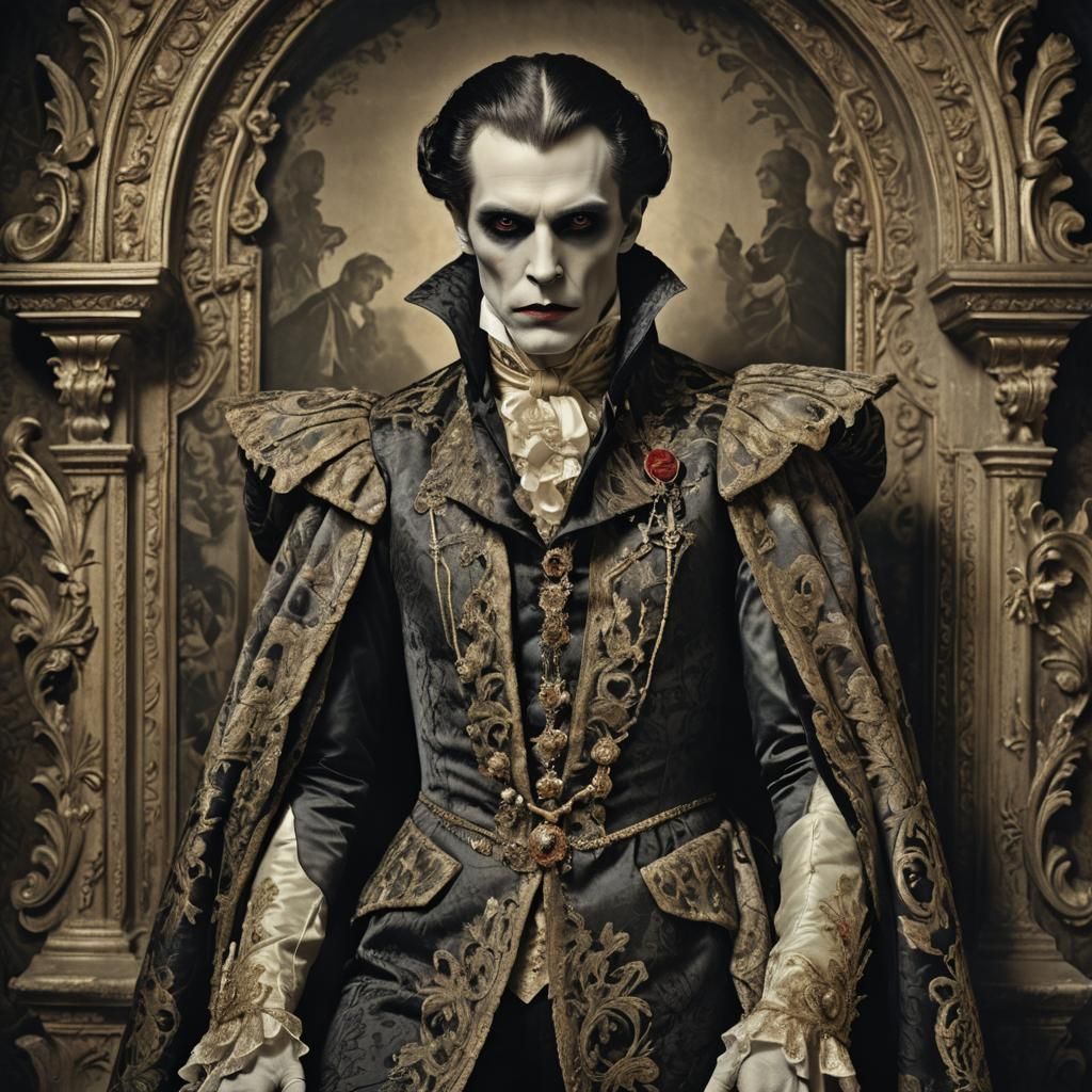 A vampiric figure, regal in his decay, exudes an otherworldly elegance ...