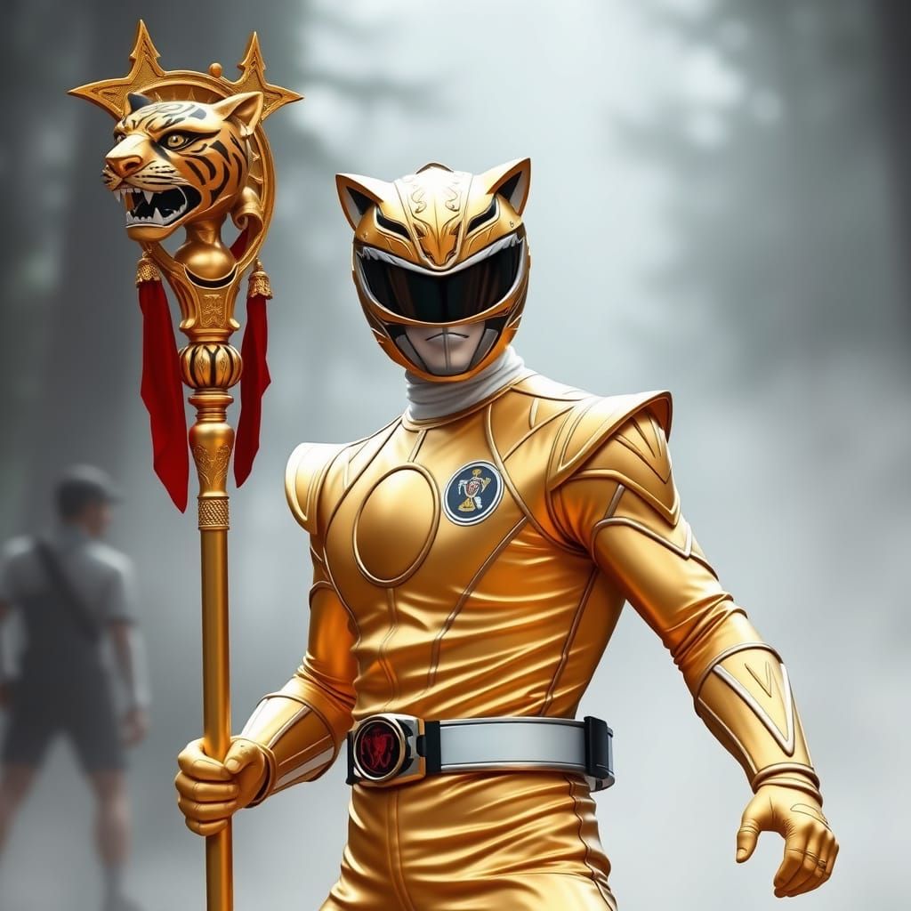 Gold Tiger Power Ranger with a staff weapon with a tigers head on top
