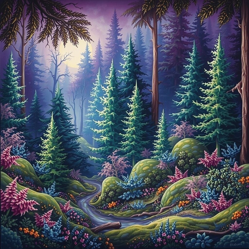 Enchanted Blue Moonlit Forest Path - AI Art