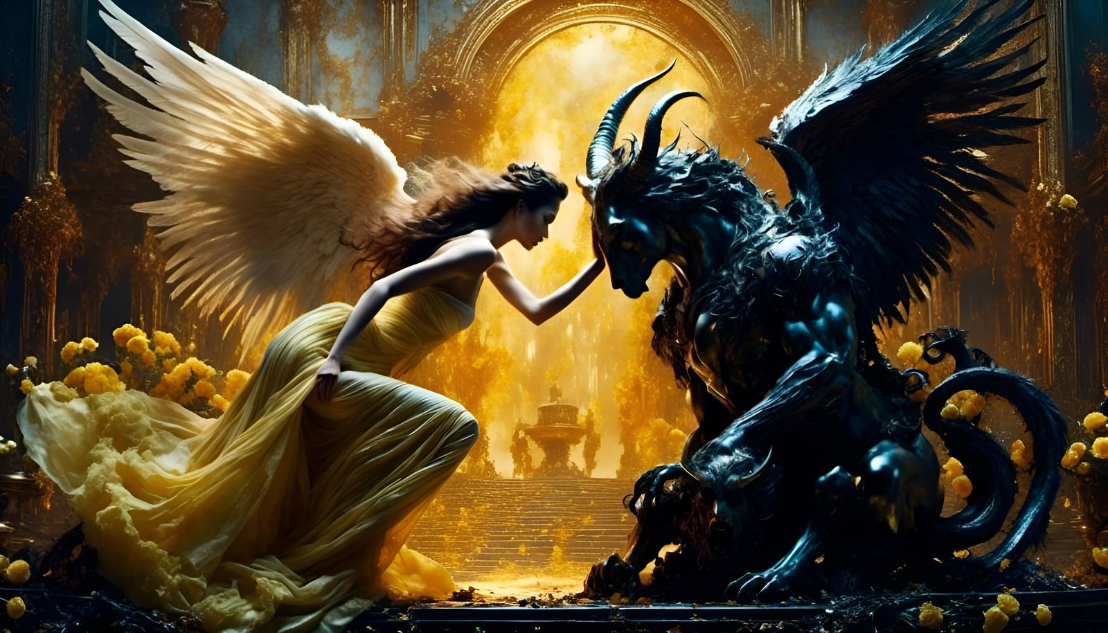 Beauty and the beast, angels and demons, vague humanoid creatures, soft ...