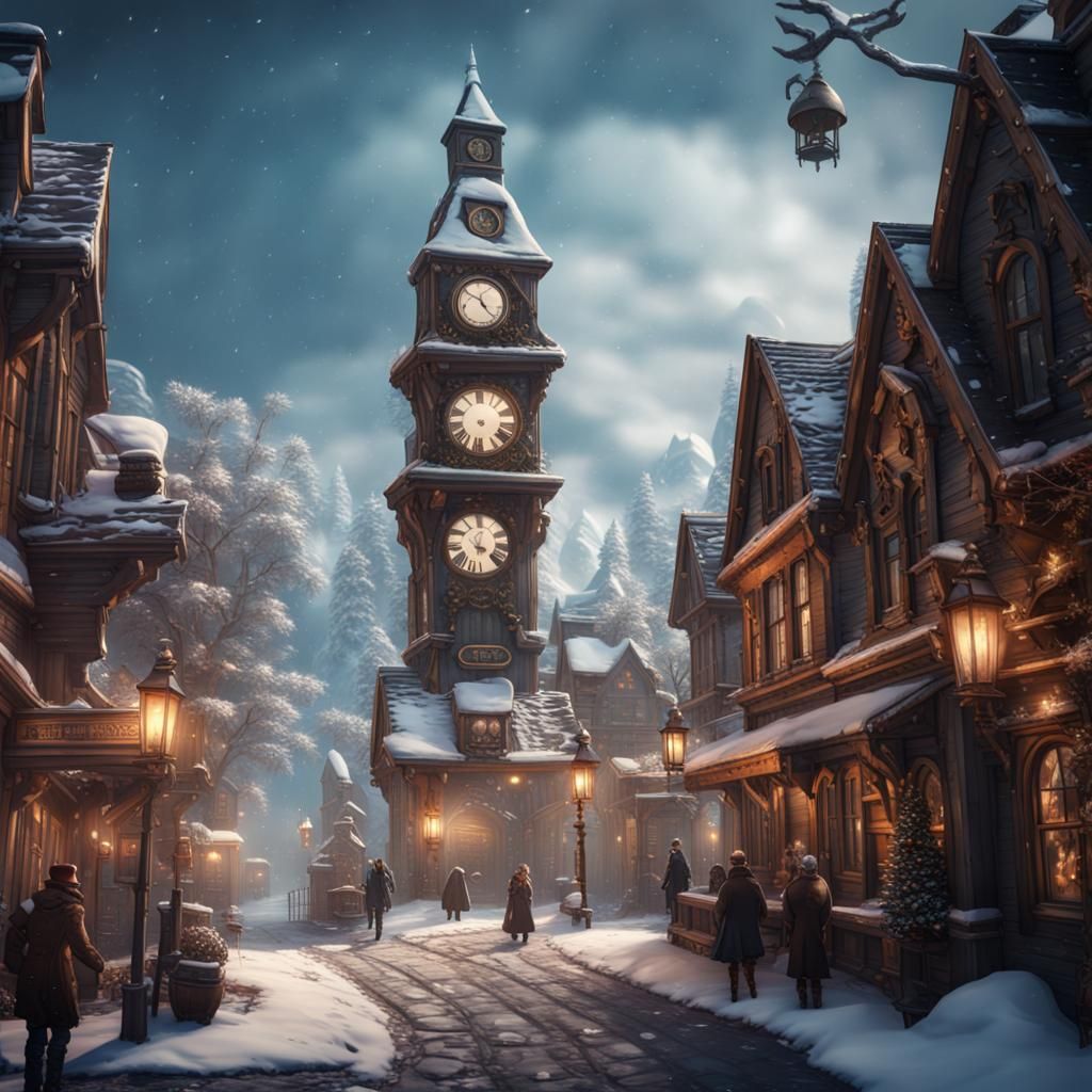 A winters scene in a steampunk Christmas town with a snowy clocktower - AI Generated Artwork ...