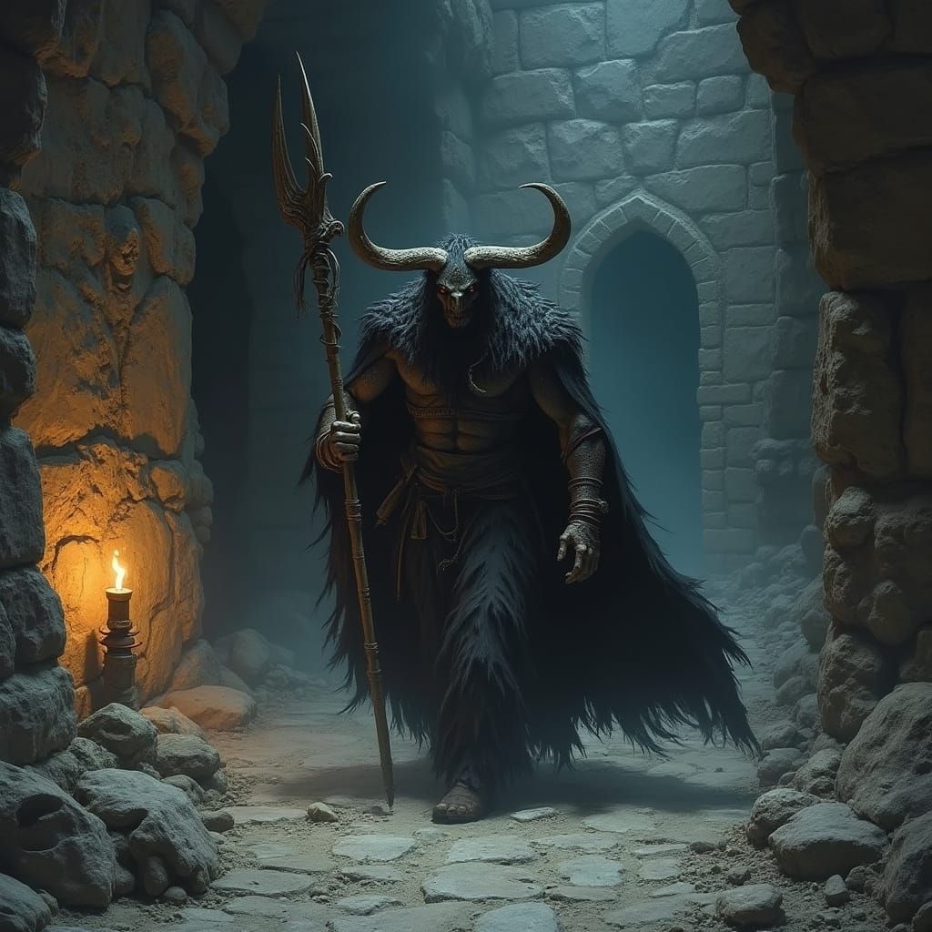 Dark Fantasy Minotaur in Ancient Stone Dungeon - AI Art