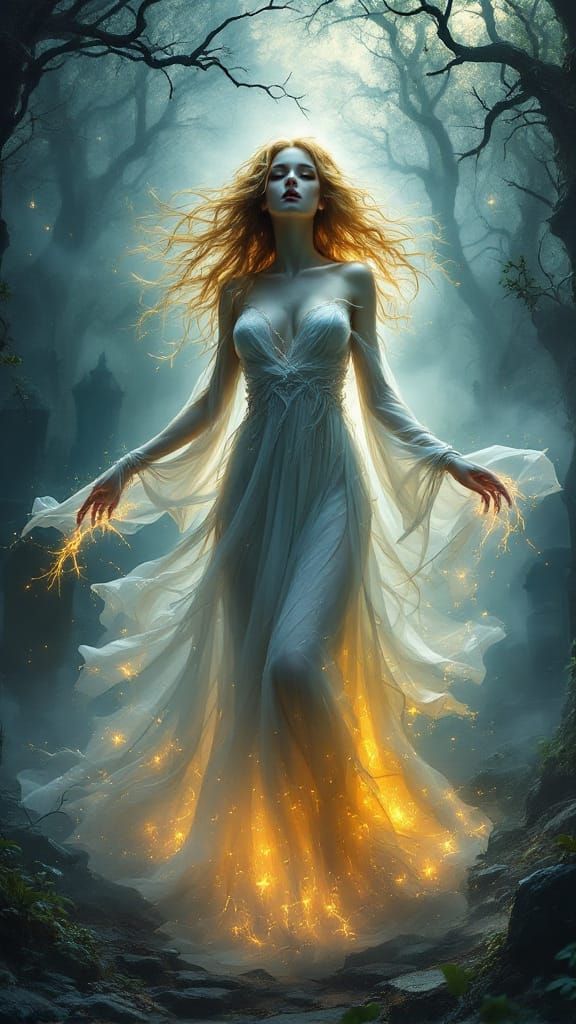 Ethereal Female Specter Rises from Grave in Gothic... - AI Art