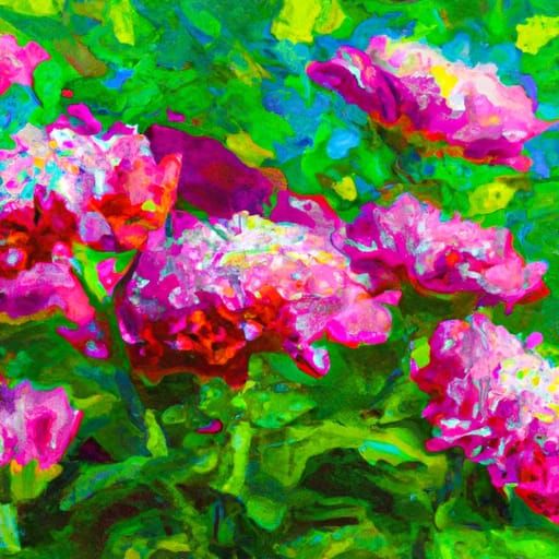 Close-up pink chrysanthemums in a green garden neo-impressionism ...