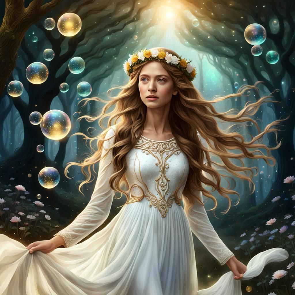 Elf goddess very long wavy light brown hair with flower crown very long ...