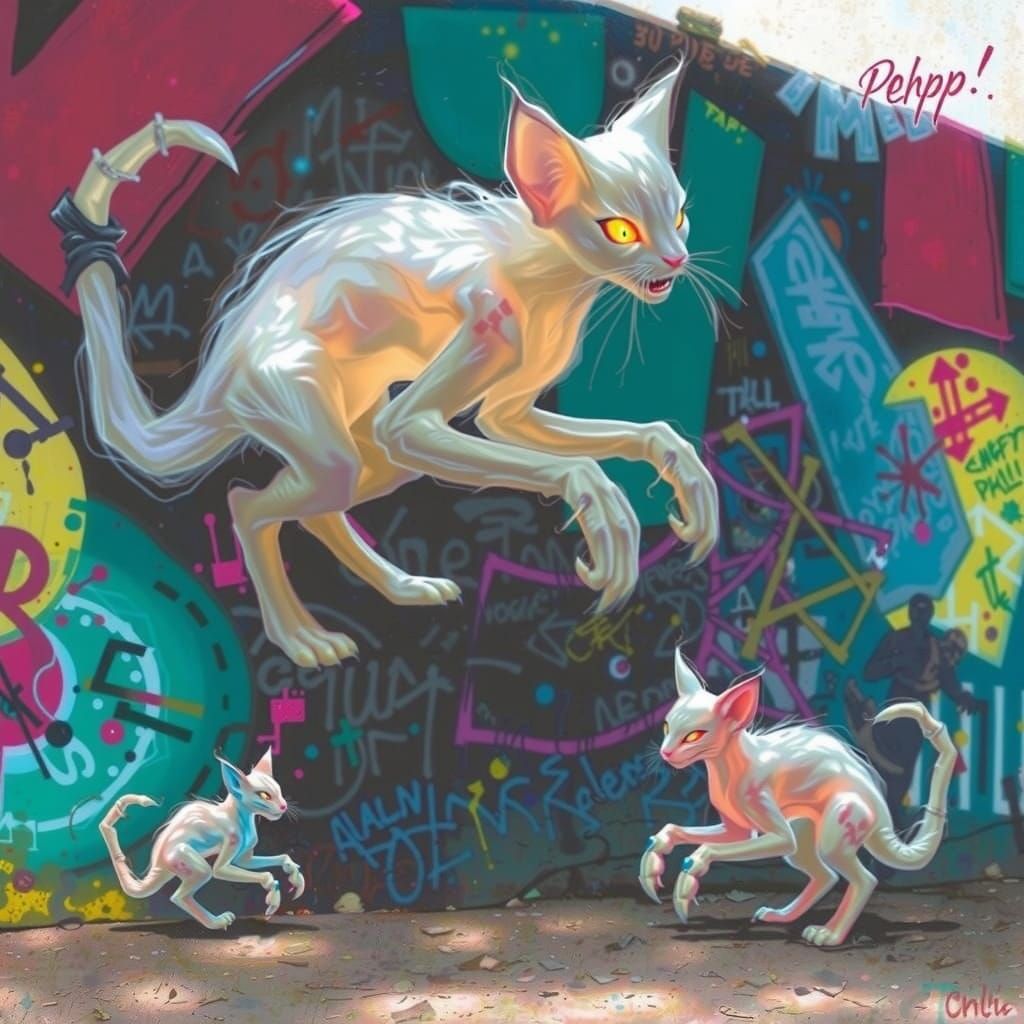 A twisted, elongated feline creature with albino fur and piercing red ...