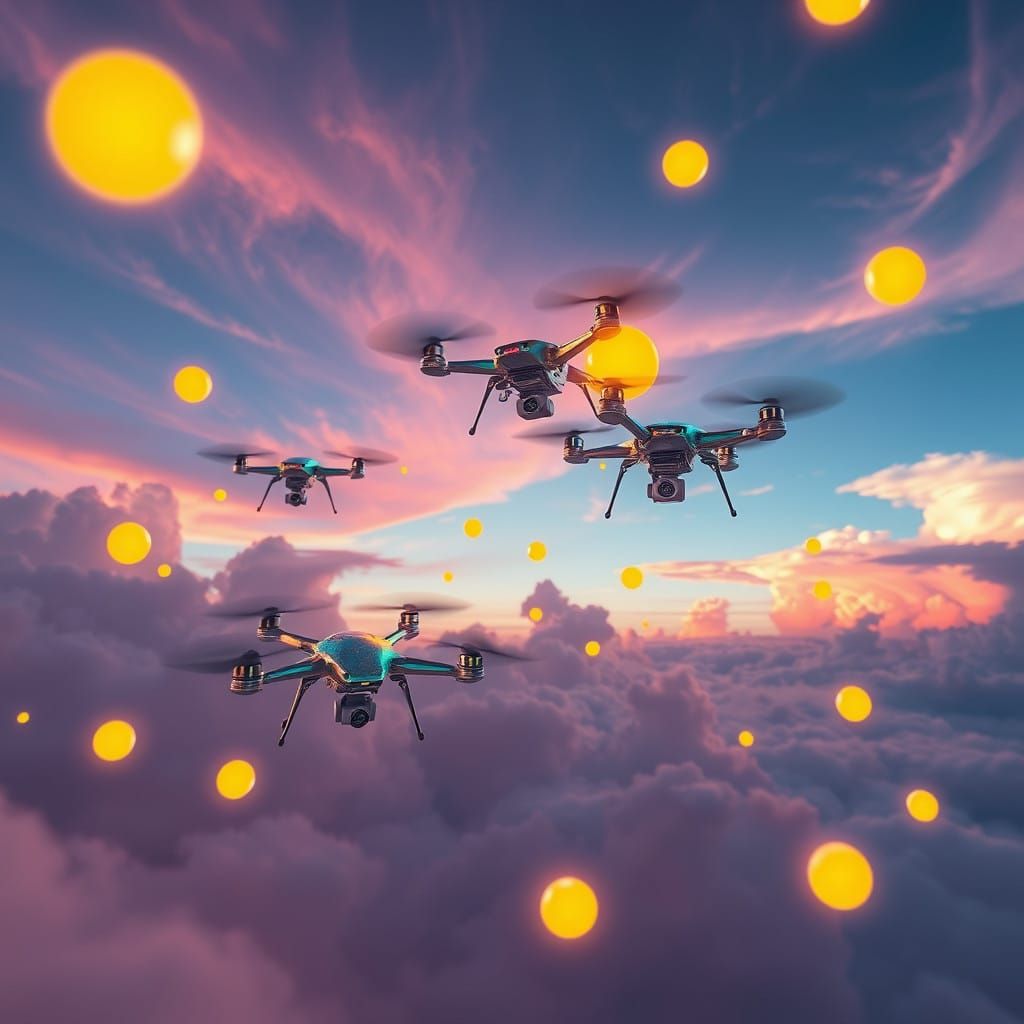 Drones and yellow orbs are dancing in sky.