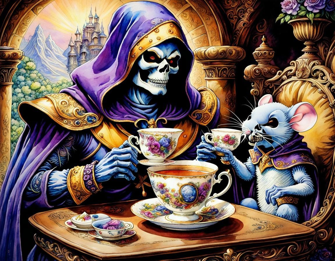 Skeletor drinking tea, mouse, teacup, enchanting, comic book art ...