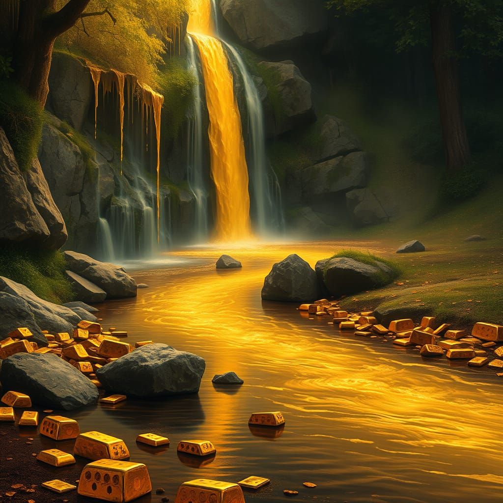 Golden waterfalls in the distant mountains