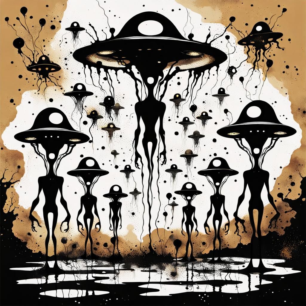 Ink splatter art of aliens in a surreal style, inspired by Salvador ...