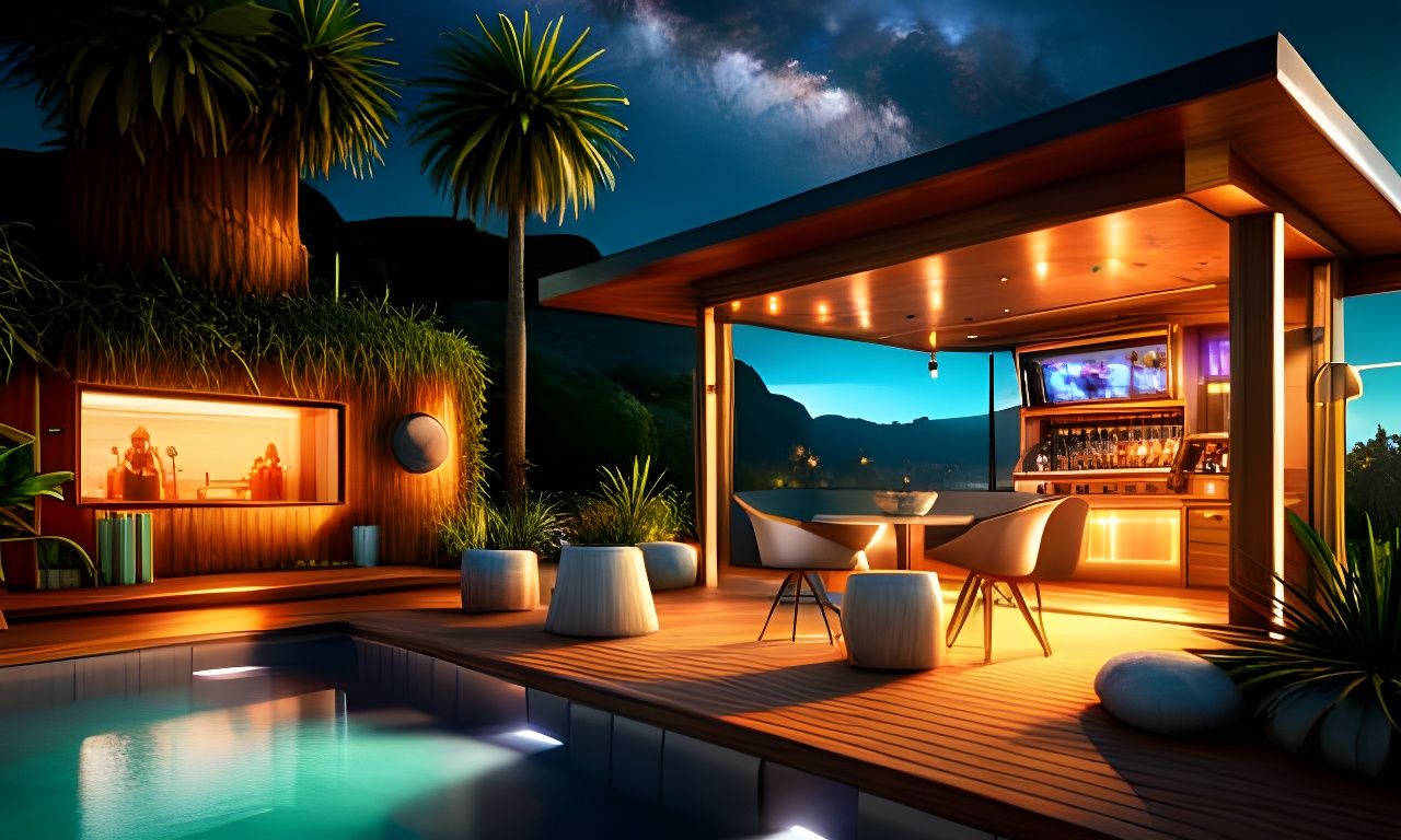 Tiki Bar Pool Party in the Back Yard, Unreal Engine 5, cel-shaded ...