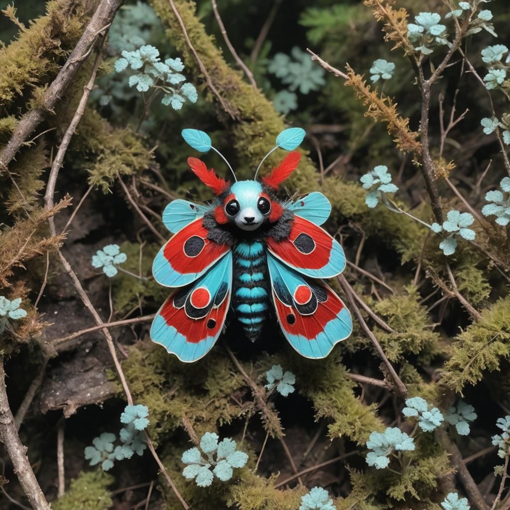 A cute panda chimera moth baby creature in the woods with red and cyan ...