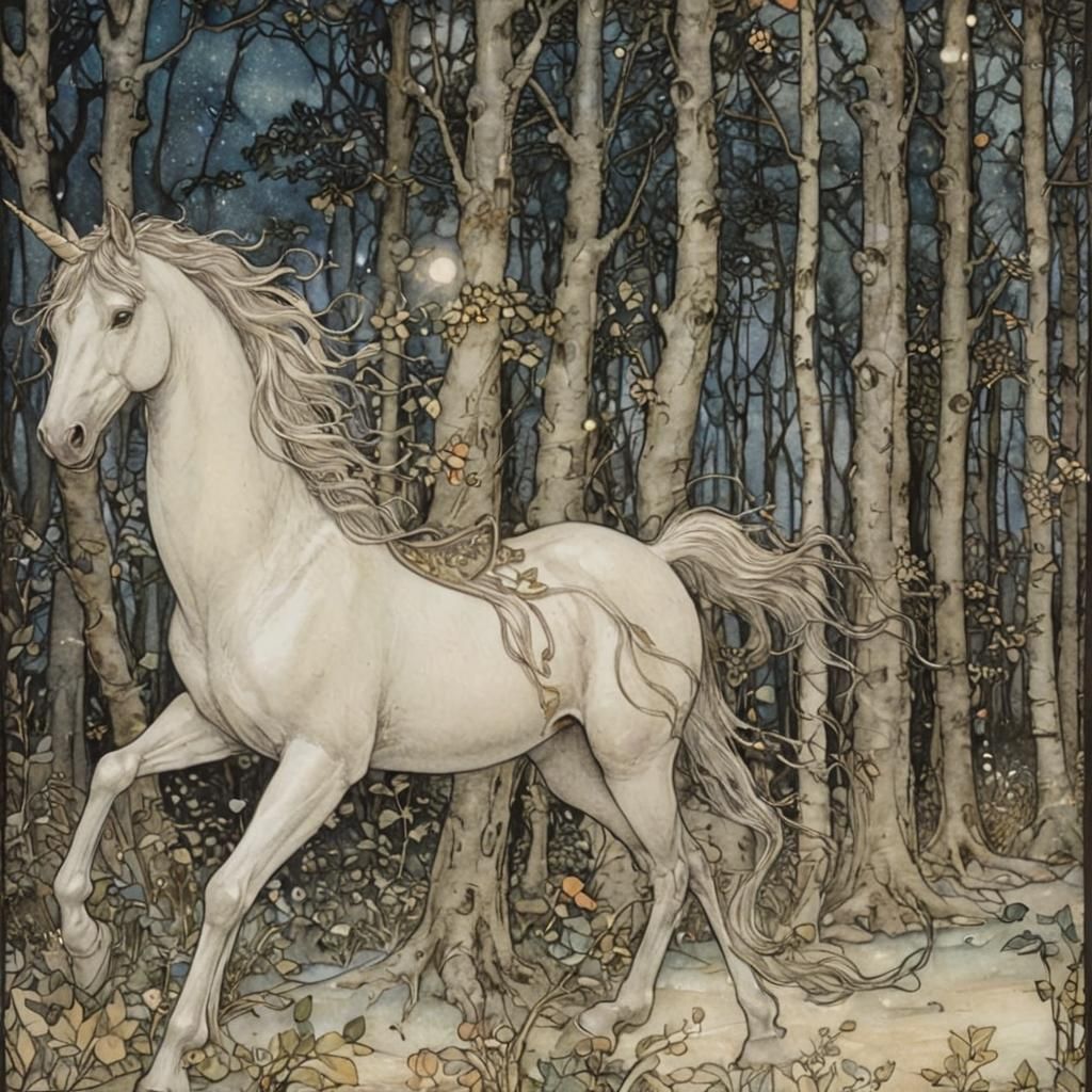 Art by Arthur Rackham and John Bauer, majestic unicorn galloping ...
