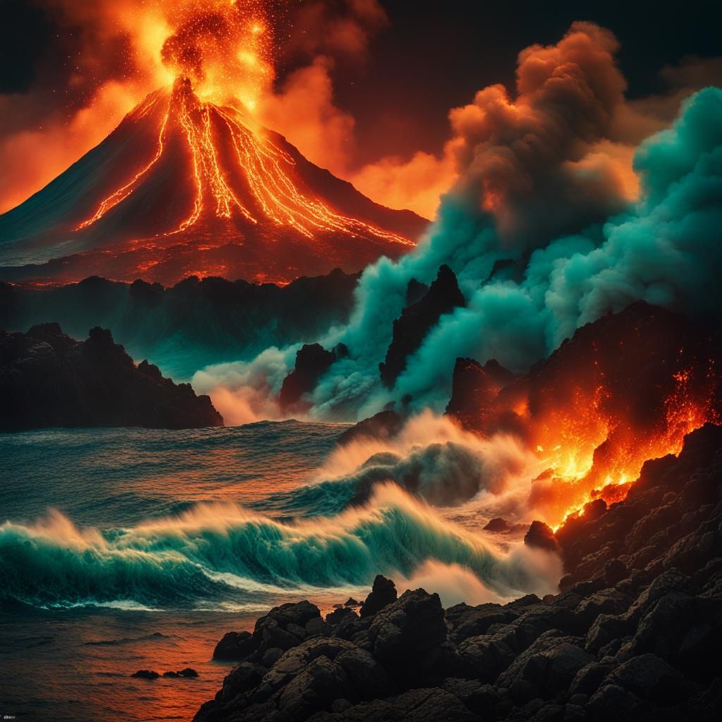 (volcano_erupting_rivers_of_lava_go_to_sea) - AI Generated Artwork - NightCafe Creator