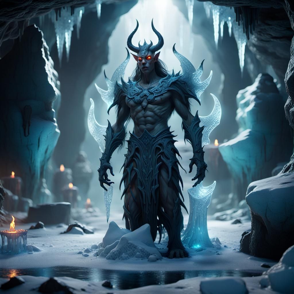 A demonic ICE CHARACTURE performing a ritual in a cave with dazzling ...