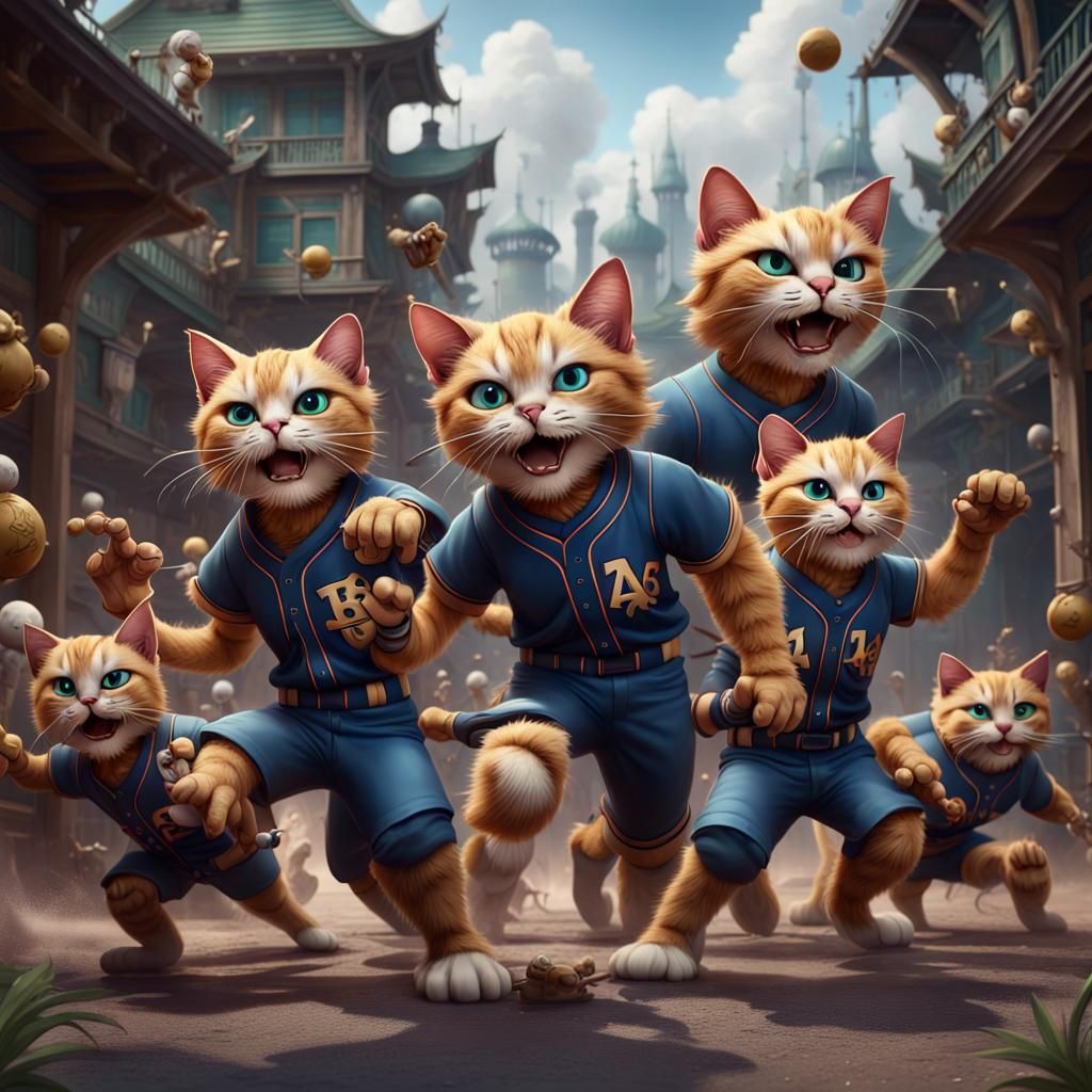 Baseball team made up of anthropomorphic cats playing with vivacity and ...