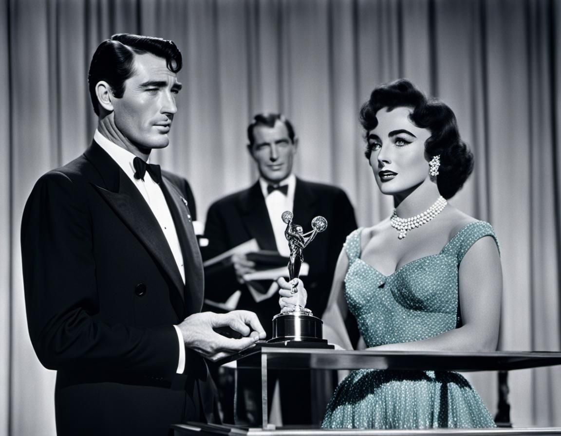 Glamour and glitz of a 1950s Movie Award Ceremony, young Gregory Peck ...