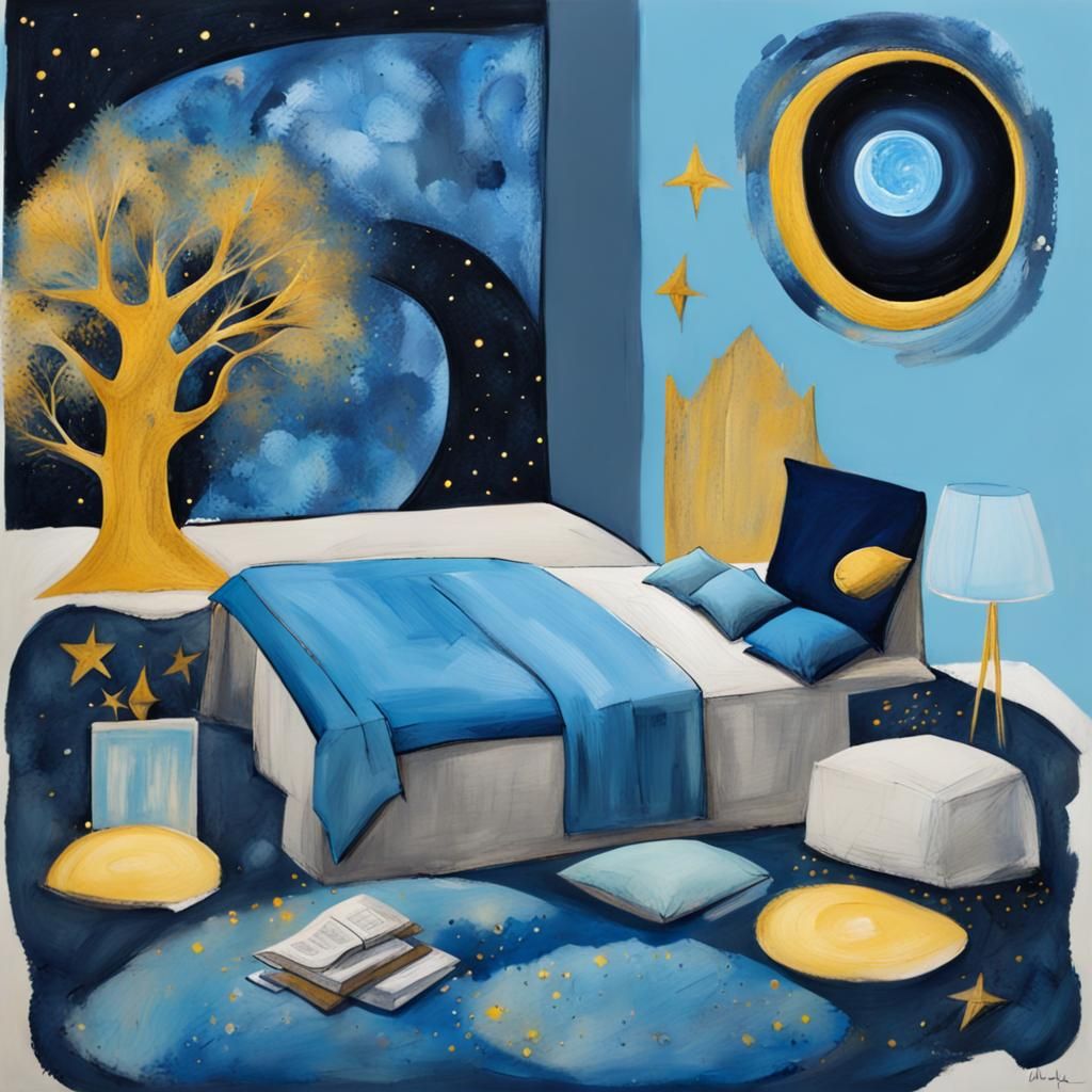 Happy bedroom on the moon; joyous blue starry sky; in Art Brut Style ...