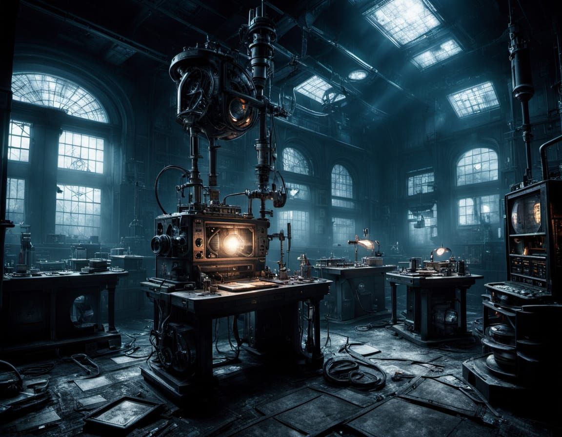 A MAD SCIENTIST IN HIS SECRET LAB WITH COMPLEX BLUEPRINTS ON THE WALLS. COSMIC, HYPERREALISM ...