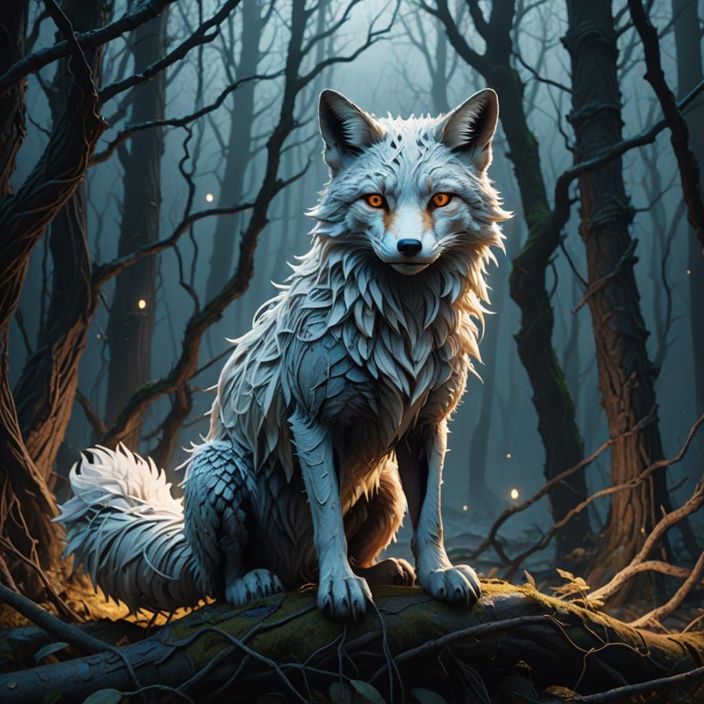 Ethereal Fox Emerges from Twisted Ropes in a Misty... - AI Art