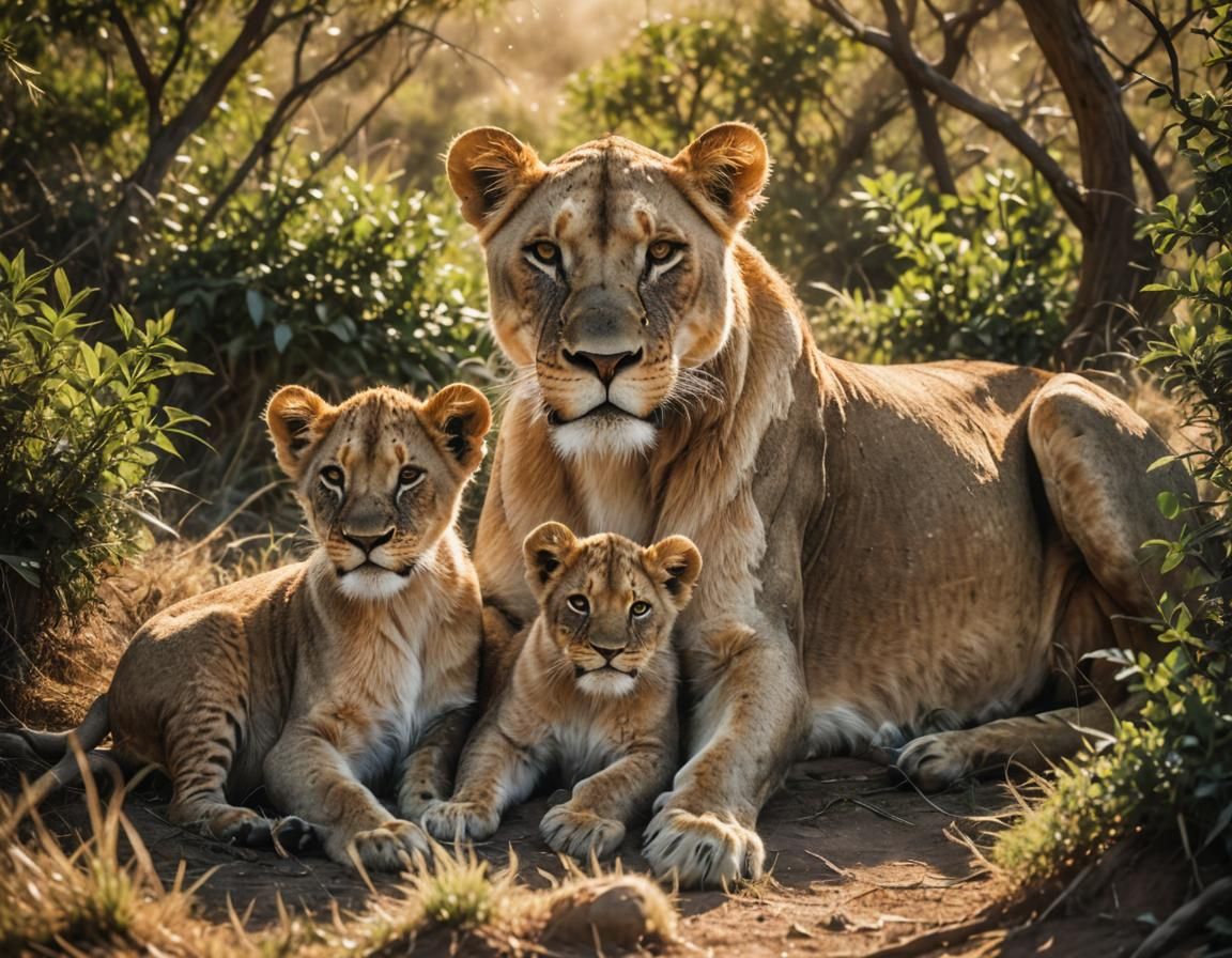 Lioness and her cubs resting in the bush, in the high savanna, Africa ...