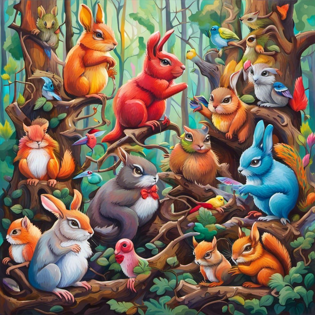 a group of animal friends, a furry rabbit, a brown-red squirrel, a gray ...