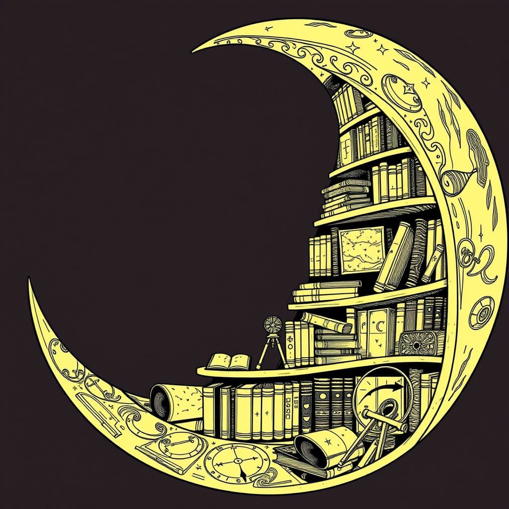 "Crescent moon morphing into a curved bookshelf filled with ancient ...