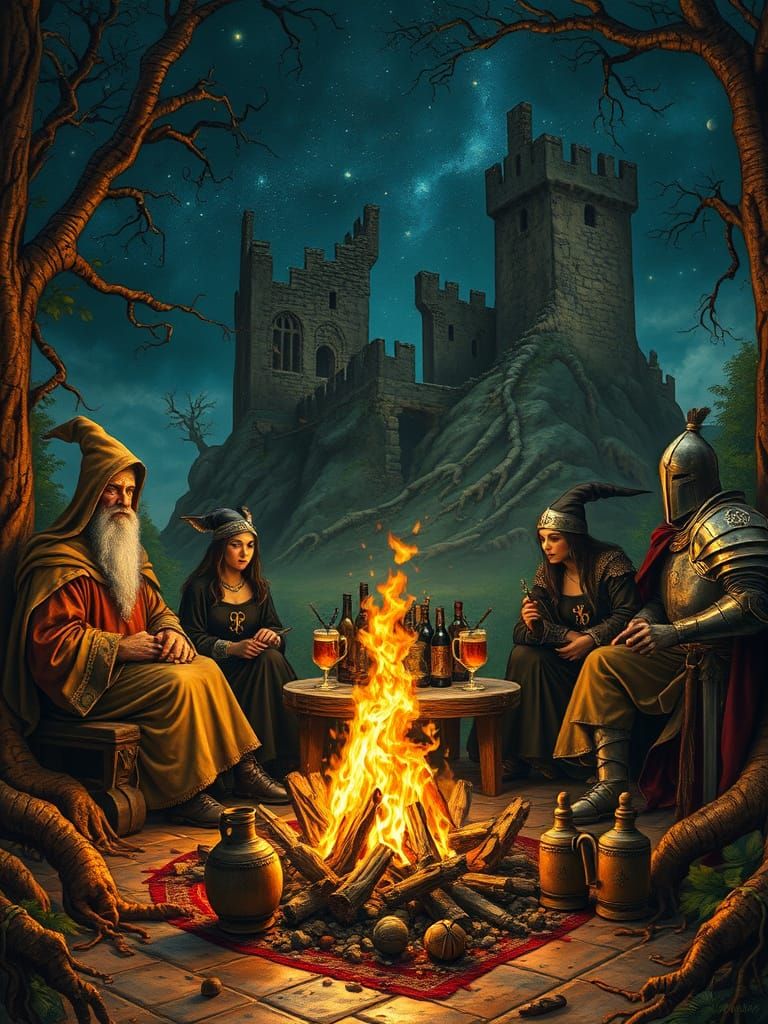 Mages and Knights Gather 'Round a Campfire in a Ha... - AI Art