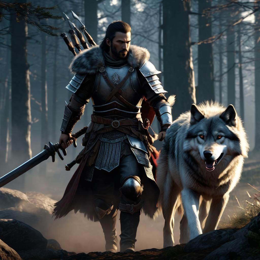 A warrior hunts with his loyal wolf and engages an enemy in battle - AI ...