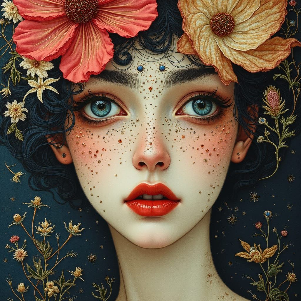 Surreal Embroidery Woman Blends with Fabric Patter... - AI Art