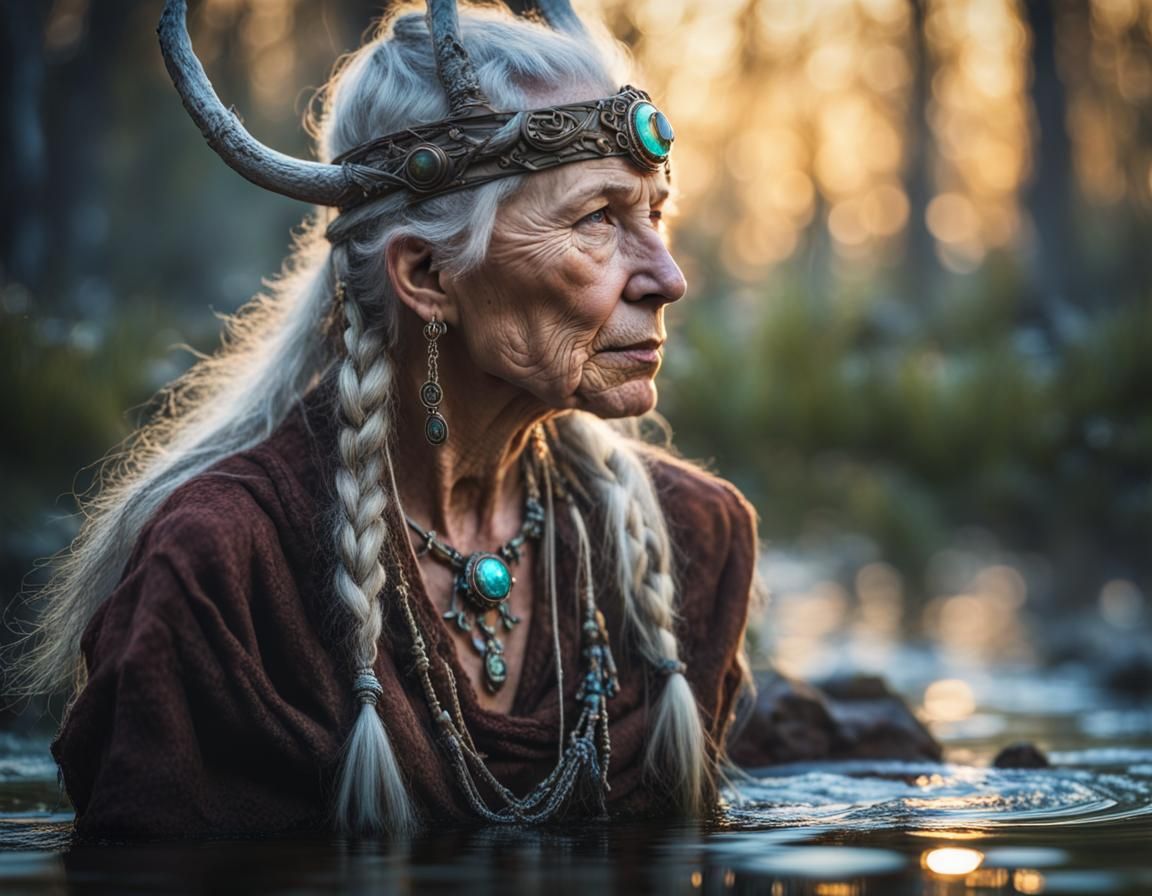 viking shaman wiseold woman , detailedface closeup , bonenecklace ...