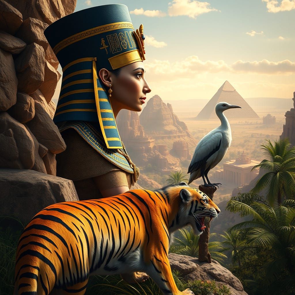 Regal Dodo Rides Saber-Toothed Tiger in Ancient La... - AI Art