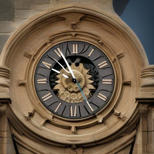gargoyle's ancient clock at the pediment of cathedral with stones as ...
