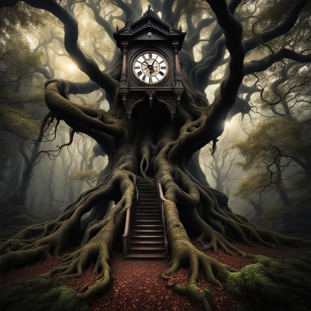 A gnarled ancient tree with a gothic clock in its center in a dark ...