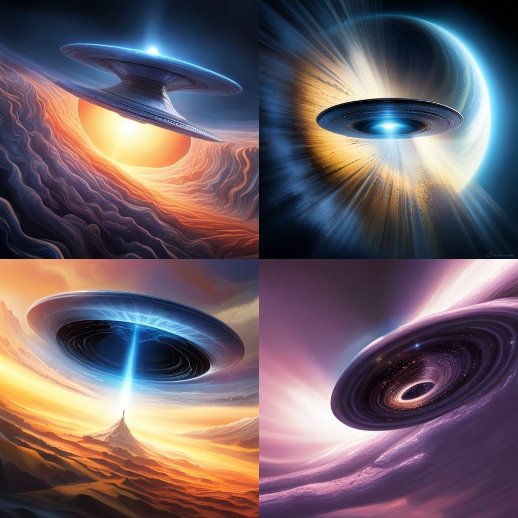 A beautiful matte painting of a UFO going through a wormhole portal ...