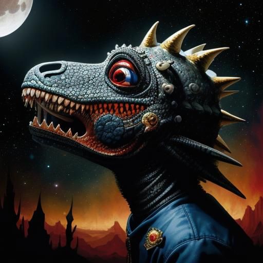 A mixed media Side profile painting of a big fish eyed sock puppet ...