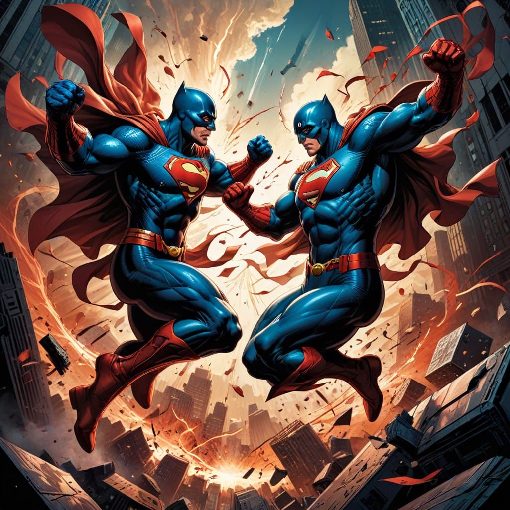a fight - Vibrant Clash of Superheroes in Mid-Air