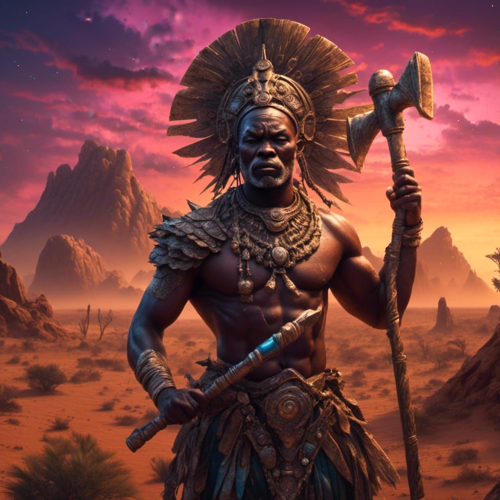 Photo realistic image of the African god Ogun holding a hammer and axe ...