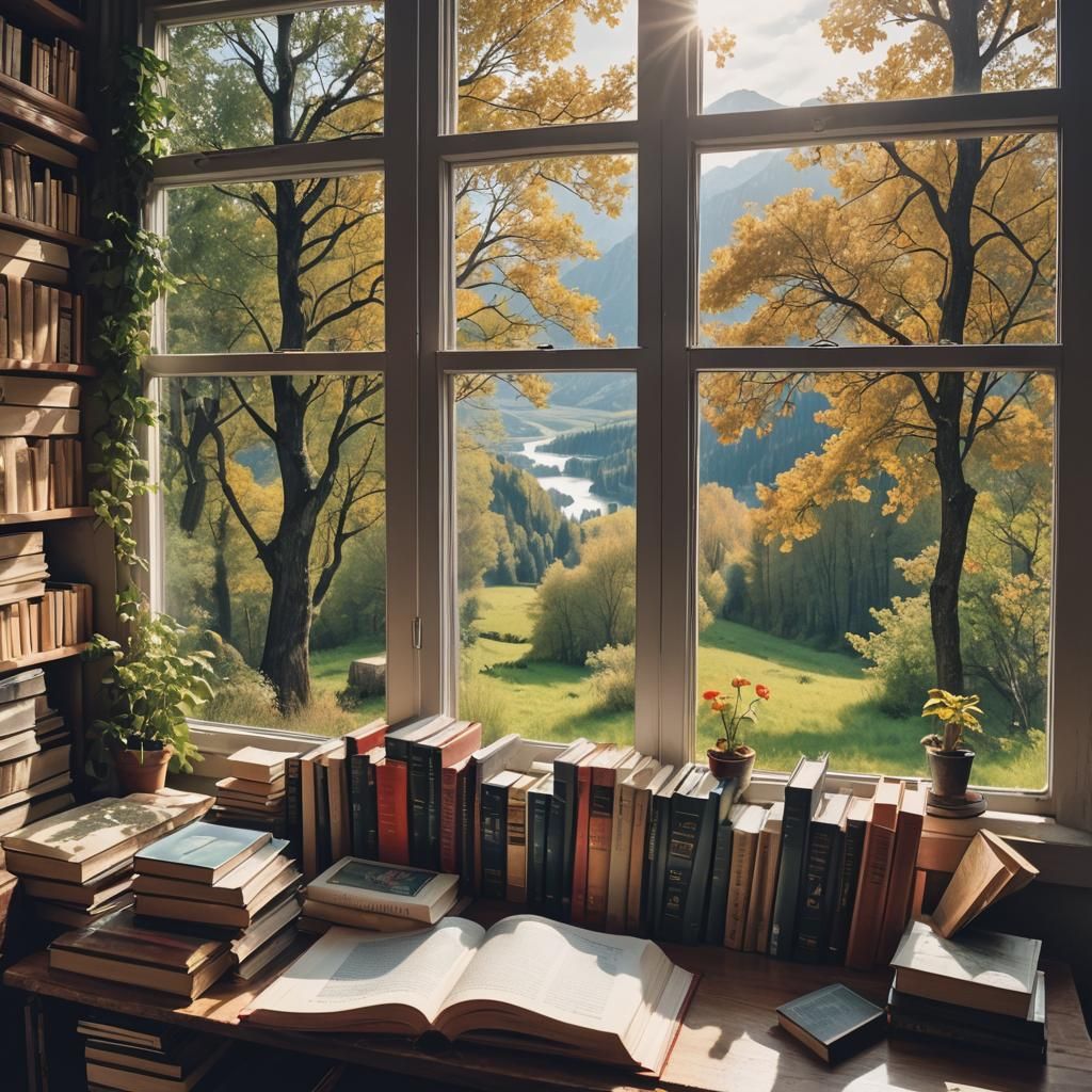 Books arranged near the window with a captivating landscape outside ...