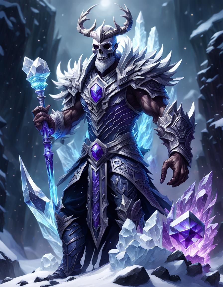 Realistic in full height art of a crystal elemental man with ice horn ...