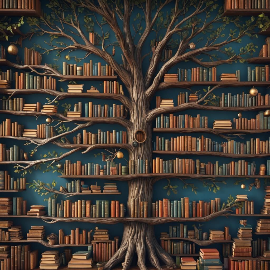 Books arranged in a bookshelf, bookshelf is in shape of tree and books ...