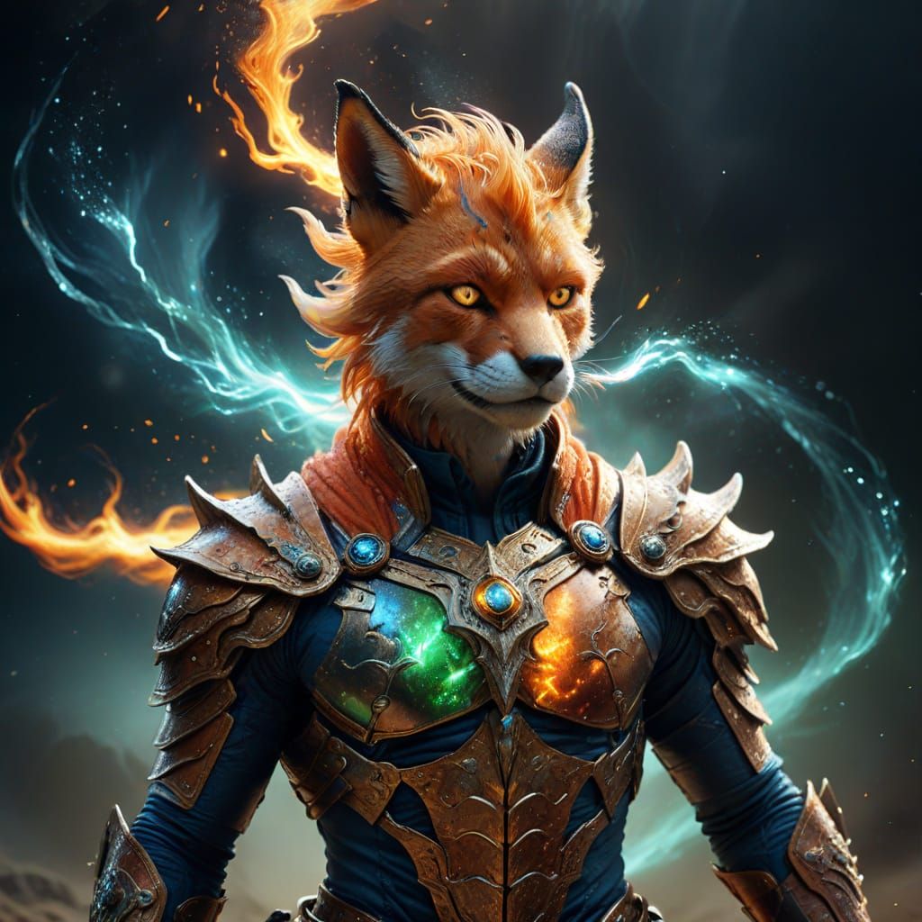 Fox-dragon hybrid human Man wielding a sword