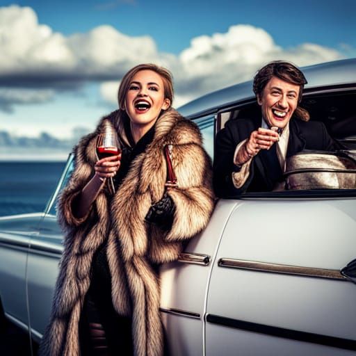 Female mafia bosses gloves fur coat laughing drinking wine car sea - AI ...