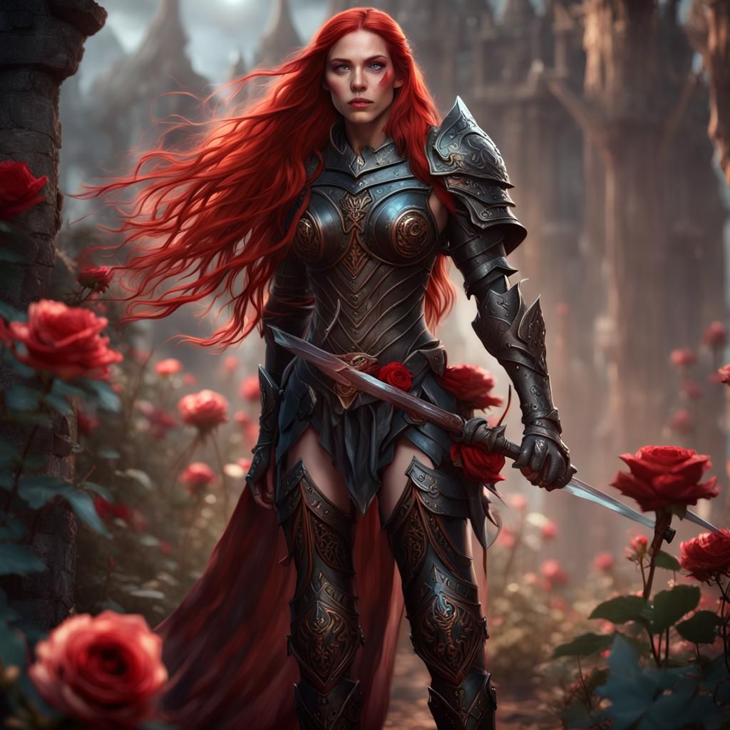 beautiful half elf woman with long red hair wearing rose themed, full ...