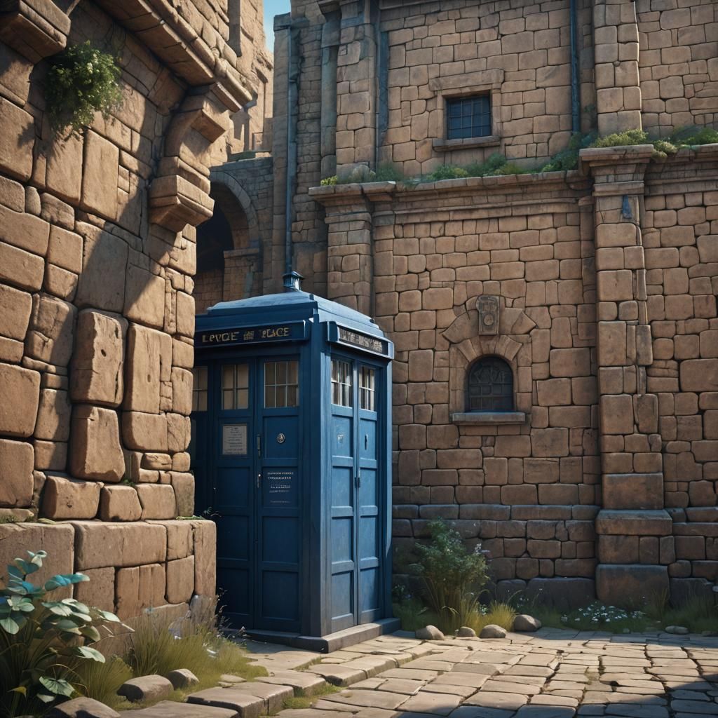 Blue British police box next to the wall of an ancient city. - AI ...