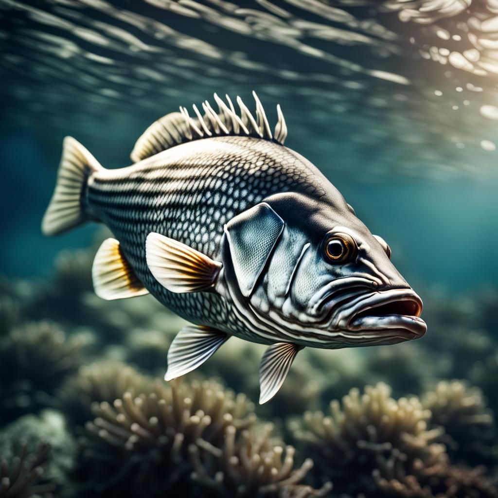 Sea bass gracefully swimming in a marine environment. intricate details ...